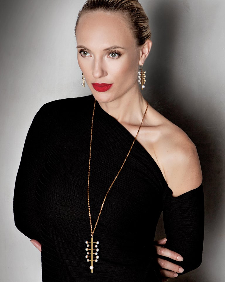 FARBOD 18 Karat Yellow Gold and Pearl Earrings "Branch" For Sale at 1stDibs