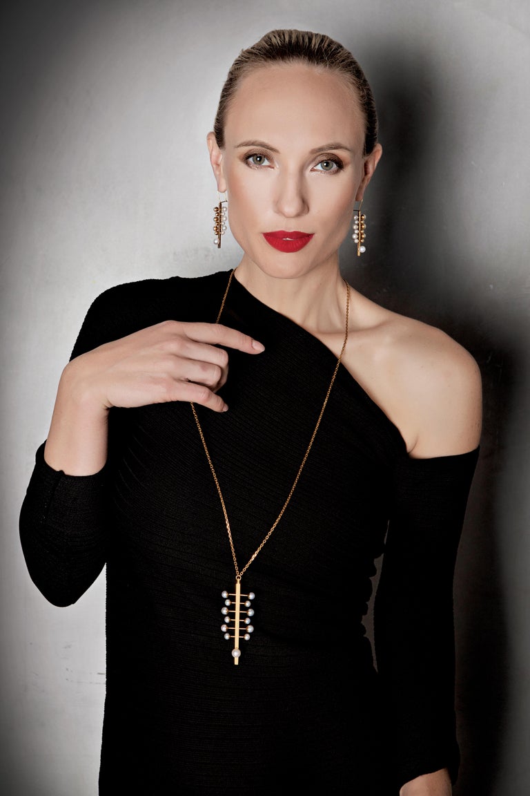 FARBOD 18 Karat Yellow Gold and Pearl Earrings "Branch" For Sale at 1stDibs