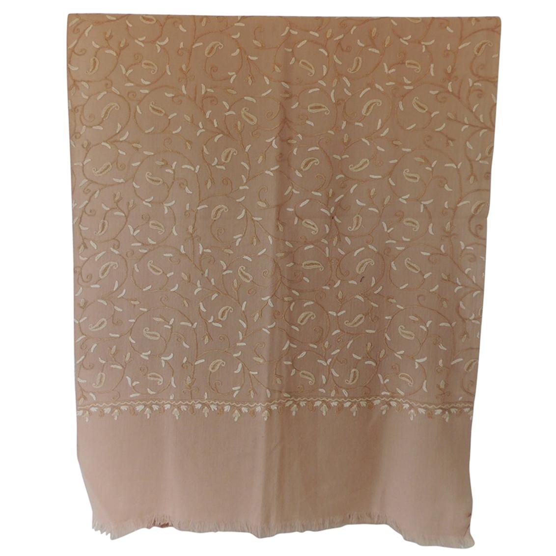 Fashion, Sheer Wool Embroidered Natural and Camel Scarf For Sale at 1stDibs