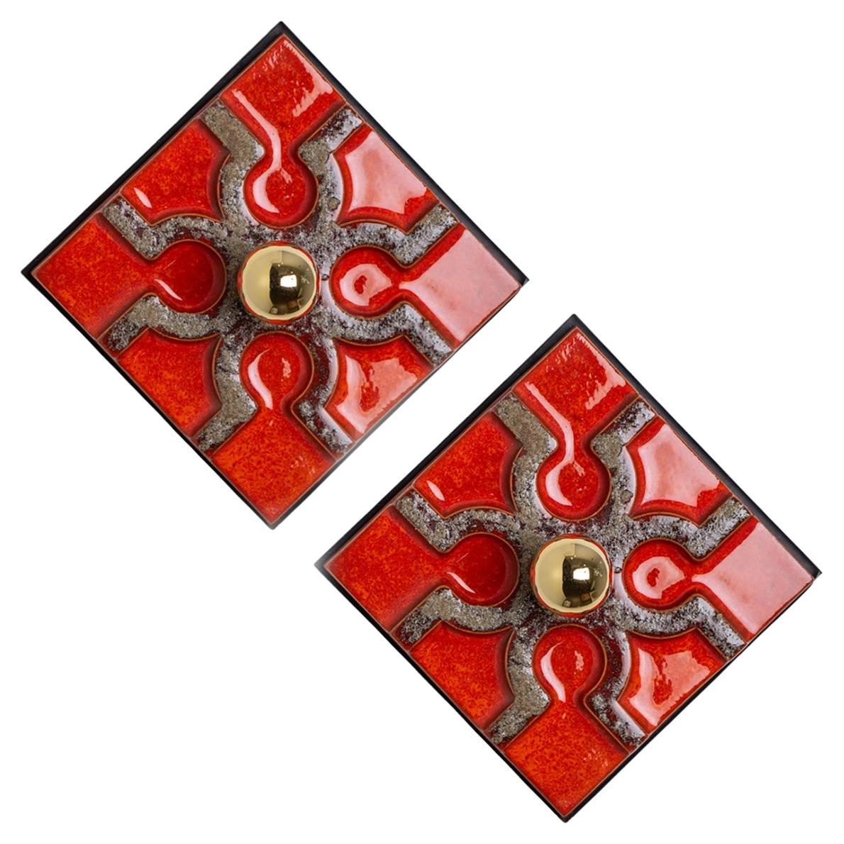 Pair of Midcentury Fat Lava Shell Sconces Wall Light Orange Red ...