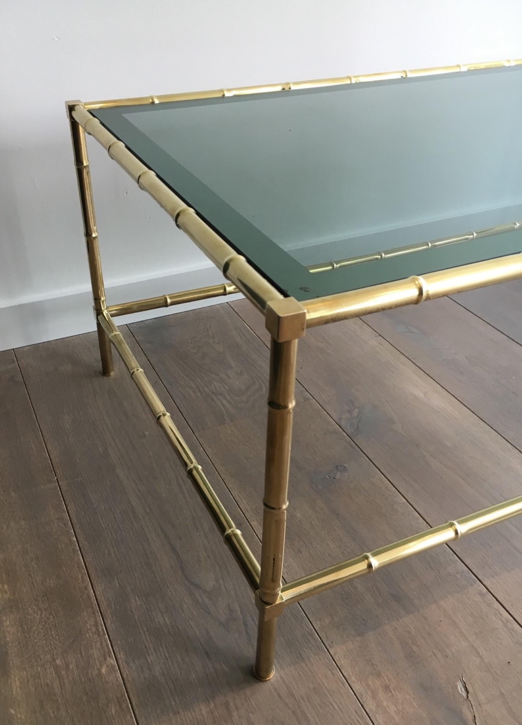 Faux-Bamboo Brass Coffee Table with Blueish Glass Top at 1stDibs