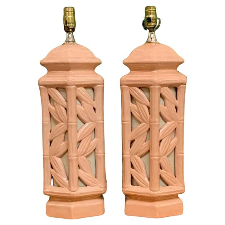 Faux Bamboo Ceramic Chinoiserie Table Lamps For Sale at 1stDibs