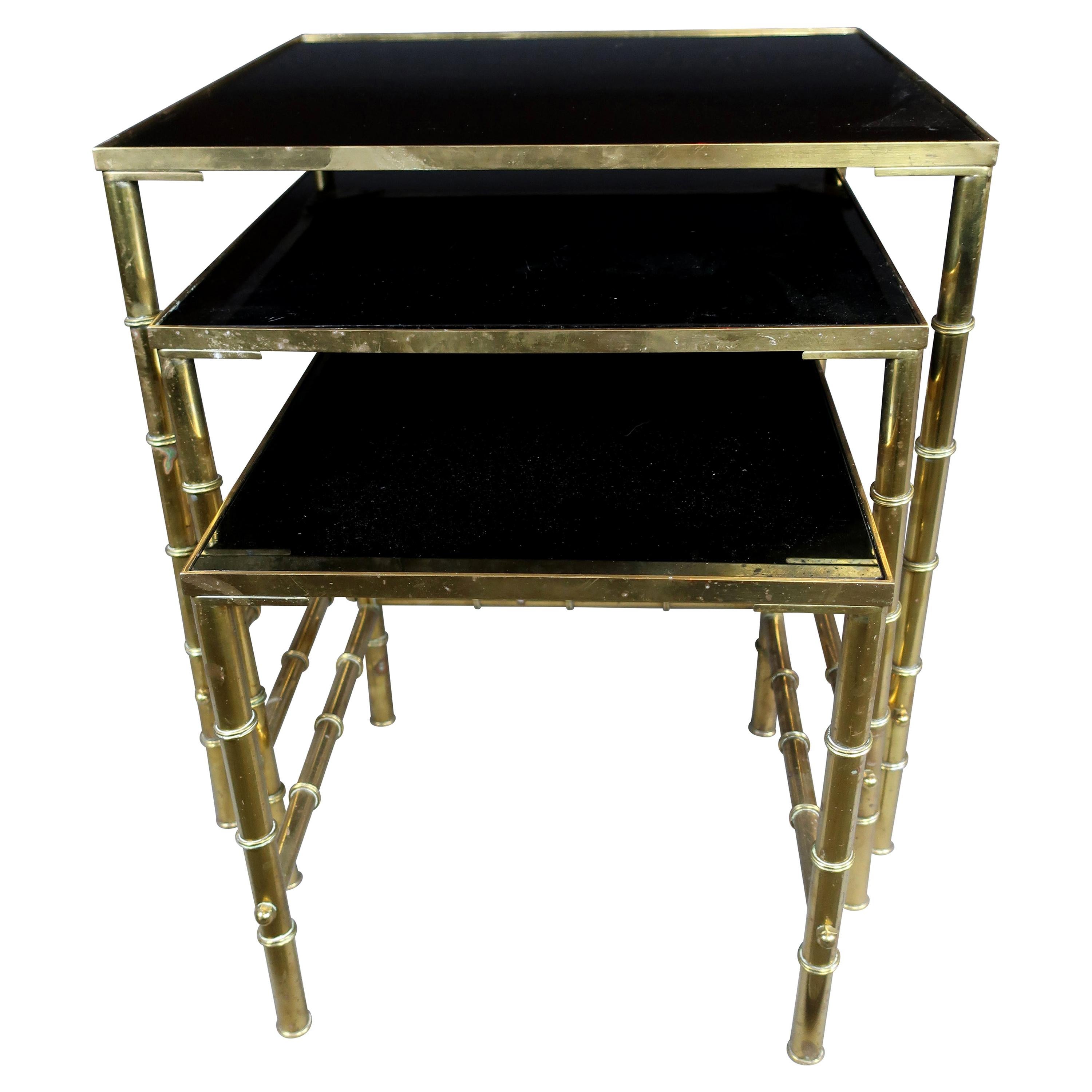 Gold Faux Bamboo Nesting Tables with Amethyst Glass For Sale at 1stDibs