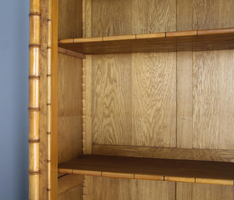 Faux Bamboo Open Bookcase with Bird's Eye Maple Panels For Sale at 1stDibs