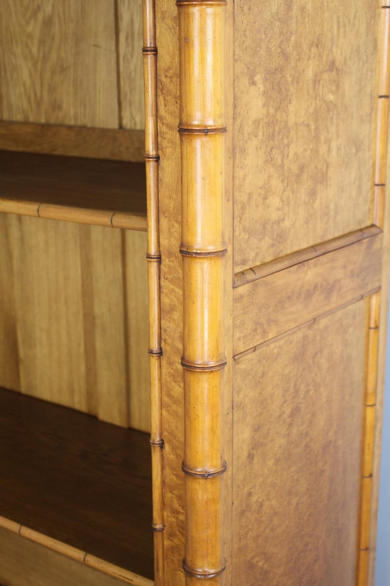 Faux Bamboo Open Bookcase with Bird's Eye Maple Panels For Sale at 1stDibs