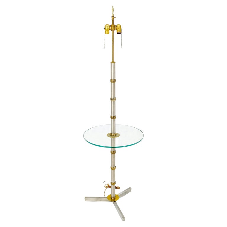 Faux Bamboo Pattern Tripod Base Floor Lamp Round Glass Side Table Mint ...