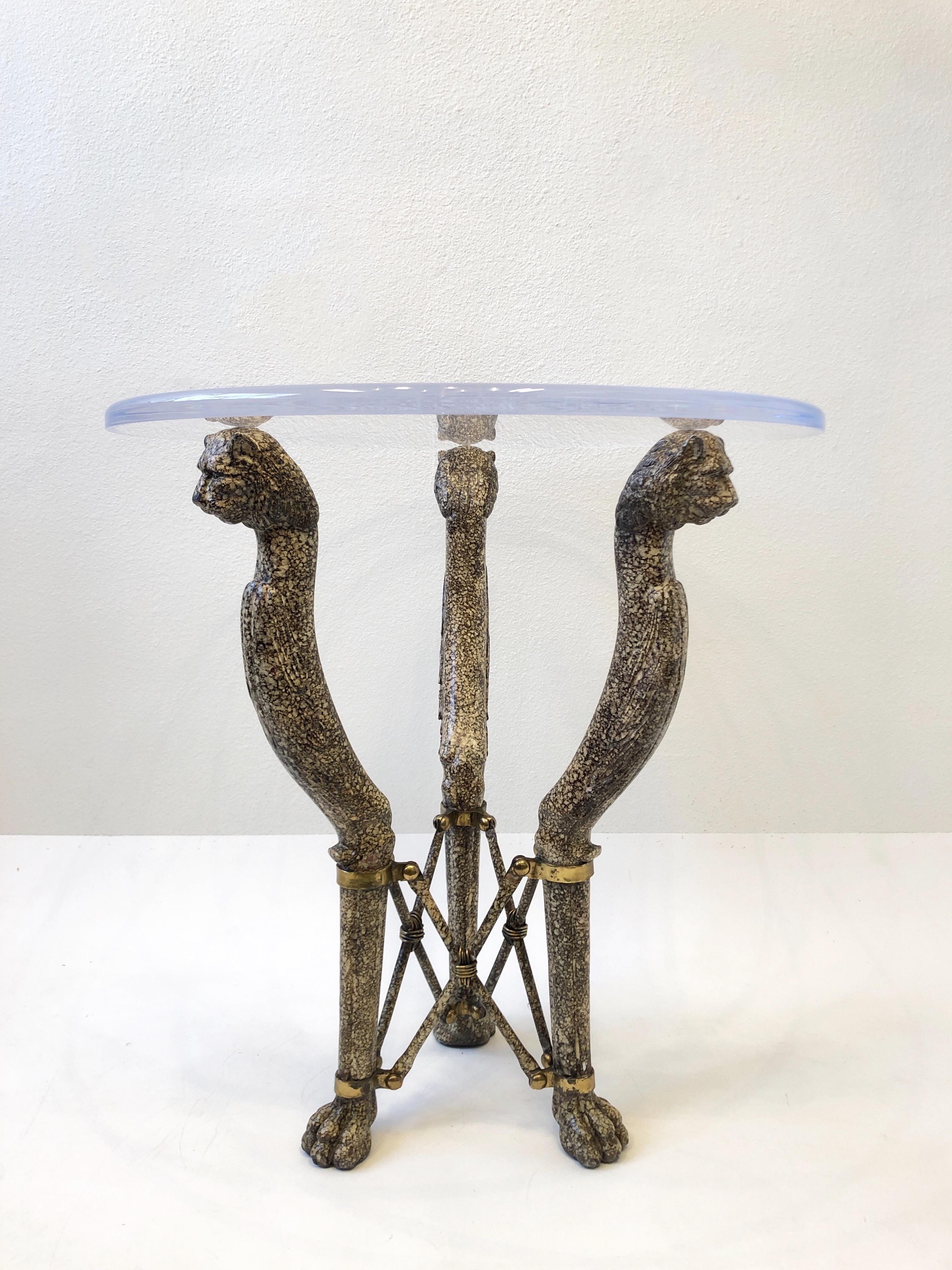 Faux Granite Lions and Brass Tripod Side Table by Maitland Smith For ...