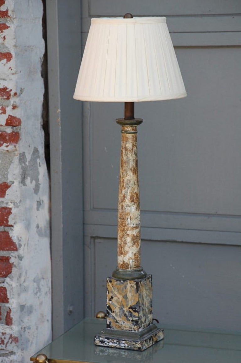 Faux Marble Column Lamp with Custom-Pleated Shade For Sale at 1stDibs
