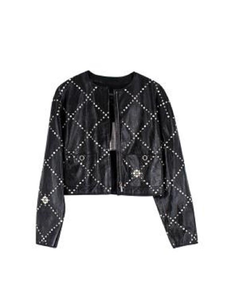 Faux Pearl and Crystal Embellished Black Leather Jacket For Sale at 1stDibs