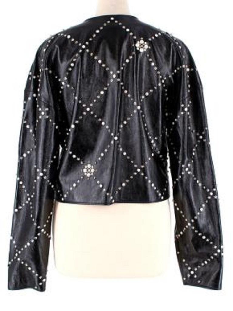 Faux Pearl and Crystal Embellished Black Leather Jacket For Sale at 1stDibs