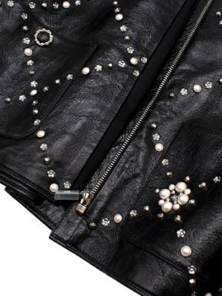 Faux Pearl and Crystal Embellished Black Leather Jacket For Sale at 1stDibs