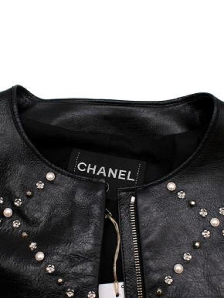 Faux Pearl and Crystal Embellished Black Leather Jacket For Sale at 1stDibs