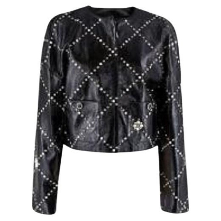 Faux Pearl and Crystal Embellished Black Leather Jacket For Sale at 1stDibs