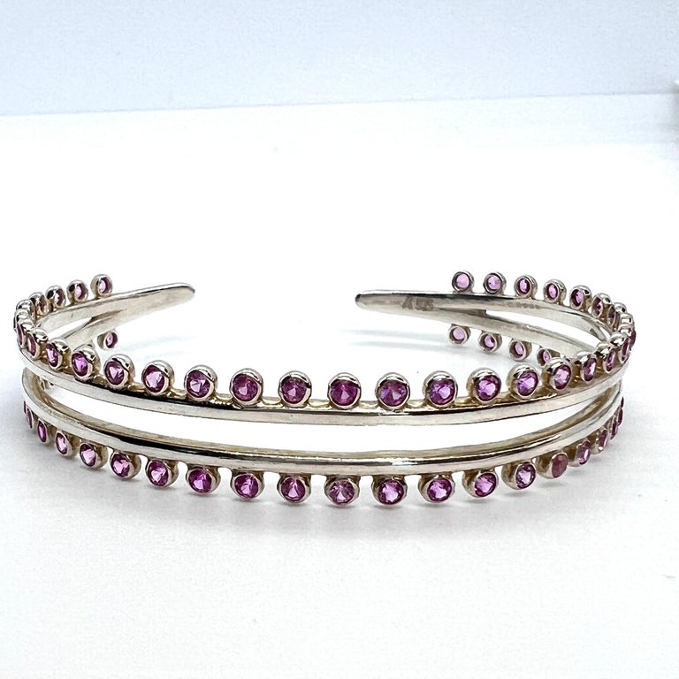 Pink Zircon Split Double Band Silver Cuff Bracelet, in Stock For Sale ...