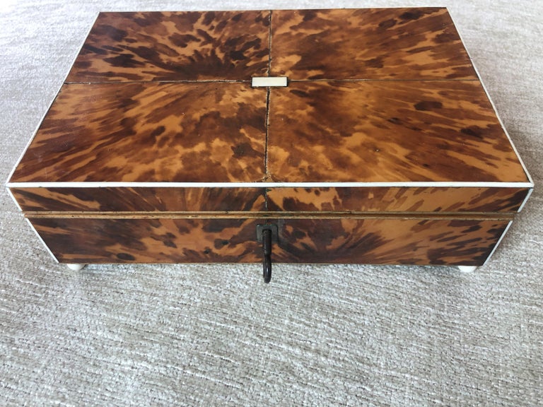 Faux Tortoise Shell British Cigar or Trinket Box W/Ivory Framing and ...