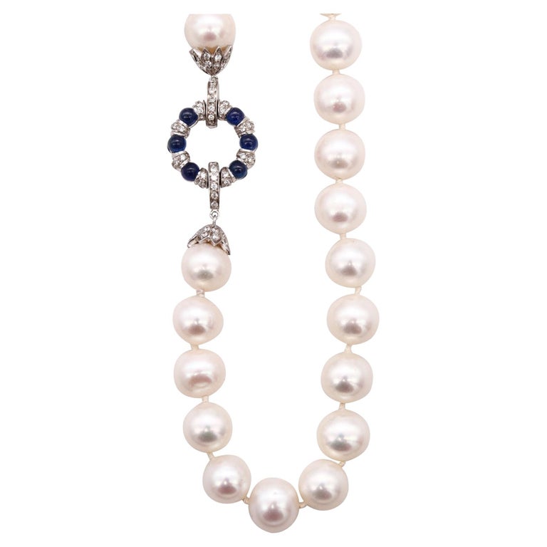 Favero Italy 18Kt Gold Necklace Akoya Pearls and 4.74 Cts in Sapphire Diamonds at 1stDibs