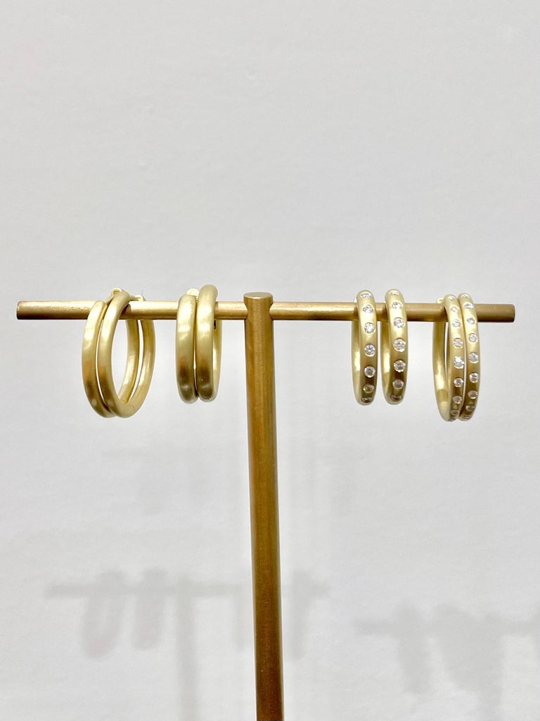 Faye Kim 18 Karat Gold Burnished Diamond Hoops with Triple Blue Zircon ...