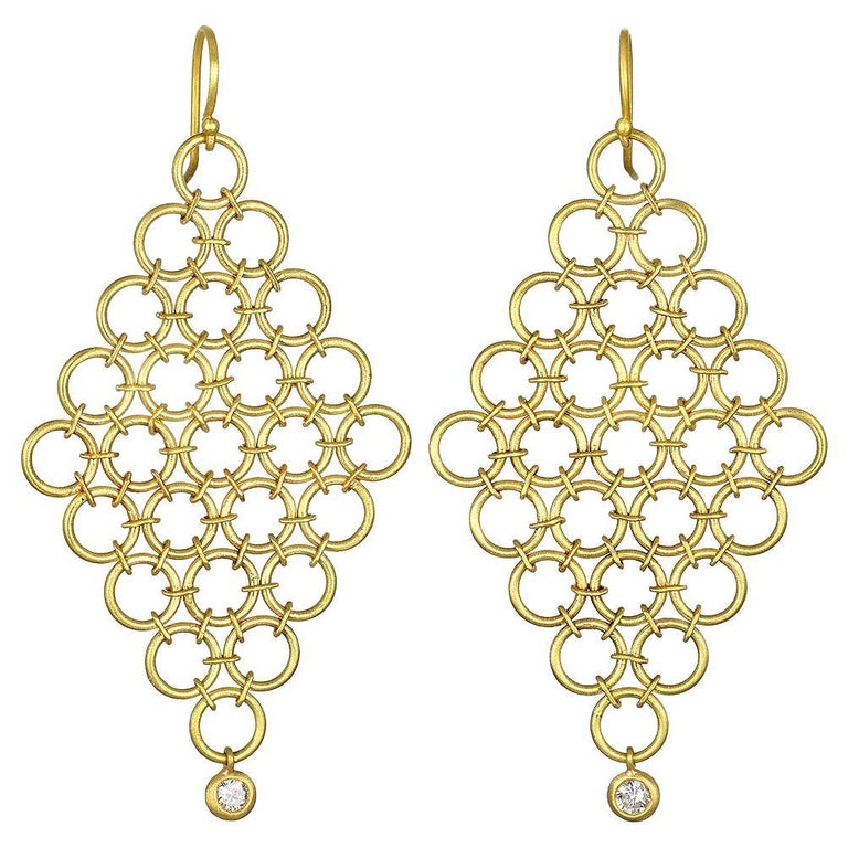 Faye Kim 18 Karat Gold Handmade Diamond Mesh Drop Earrings For Sale at ...