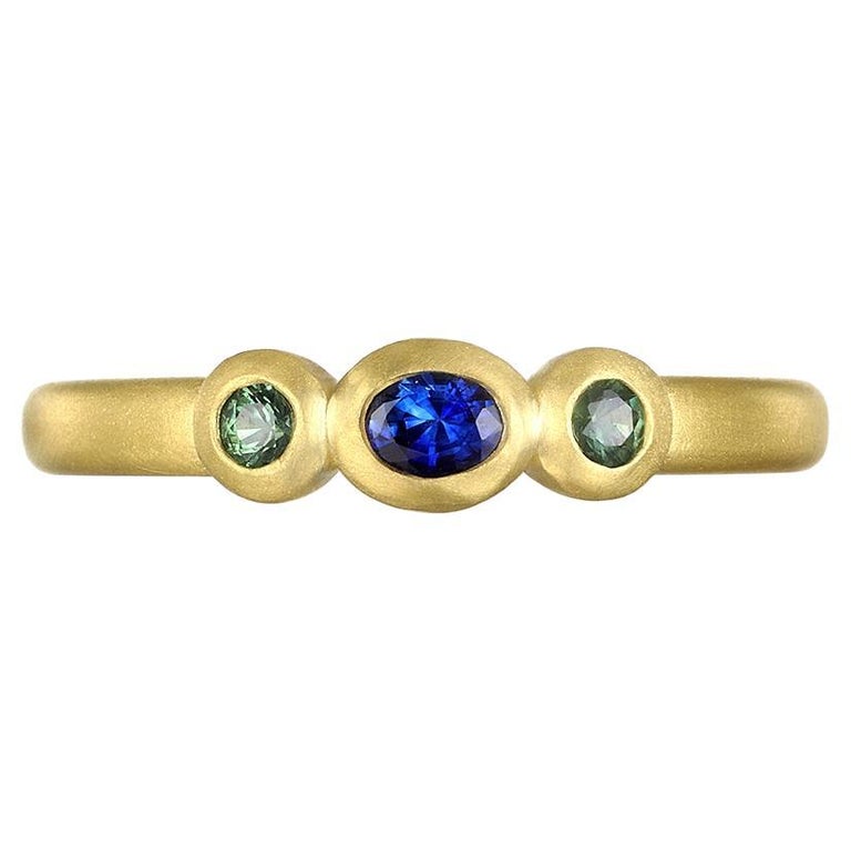 Faye Kim 18 Karat Gold Three-Stone Blue and Green Sapphire Bezel Stack ...