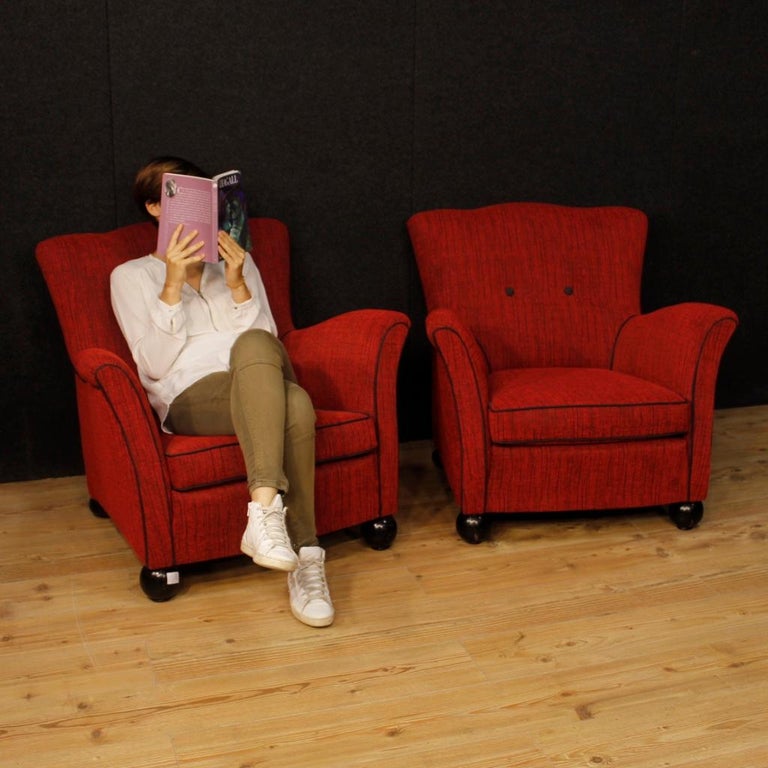 Fede Cheti 20th Century Red Fabric Italian Design Pair of Armchairs ...