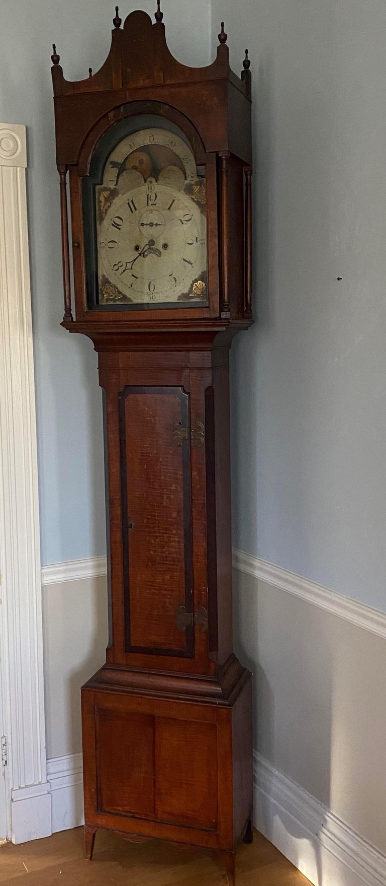 Federal Curly Maple and Mahogany Banded Tall Case Clock PA, Circa 1810 For Sale at 1stDibs