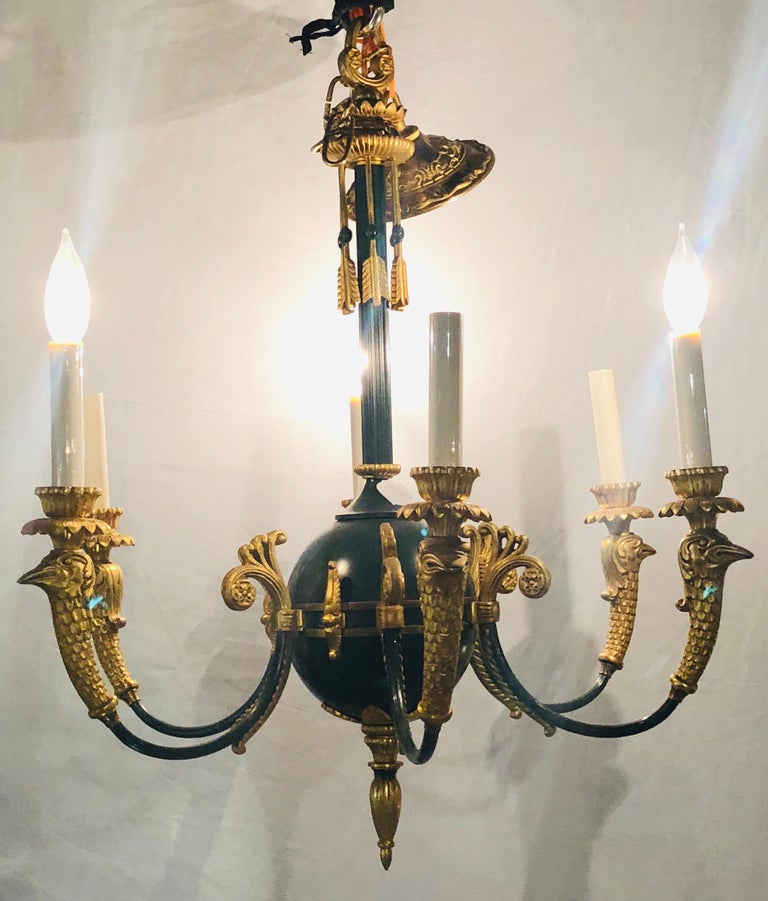 Federal Style Green Bronze Chandelier with Gilt Swan Heads For Sale at ...