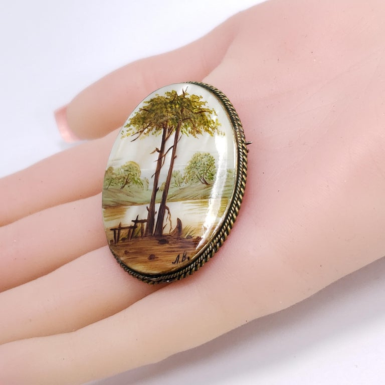 Fedoskino Russian Tree Landscape Pin, Mother of Pearl, Lacquer, German ...