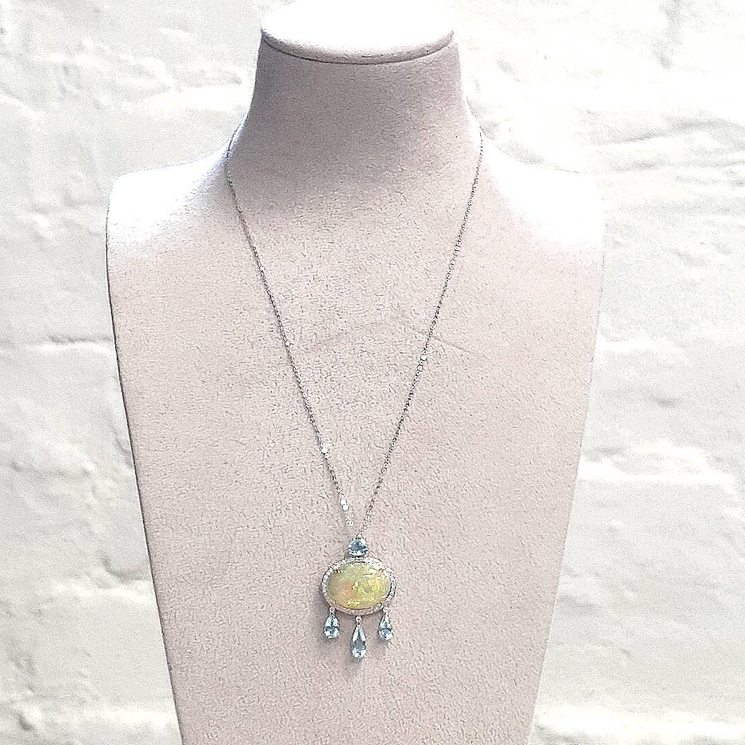 Fei Liu 8.45ct Opal, Diamond Halo and Aquamarine 18 Karat Gold Pendant Necklace For Sale at 1stDibs