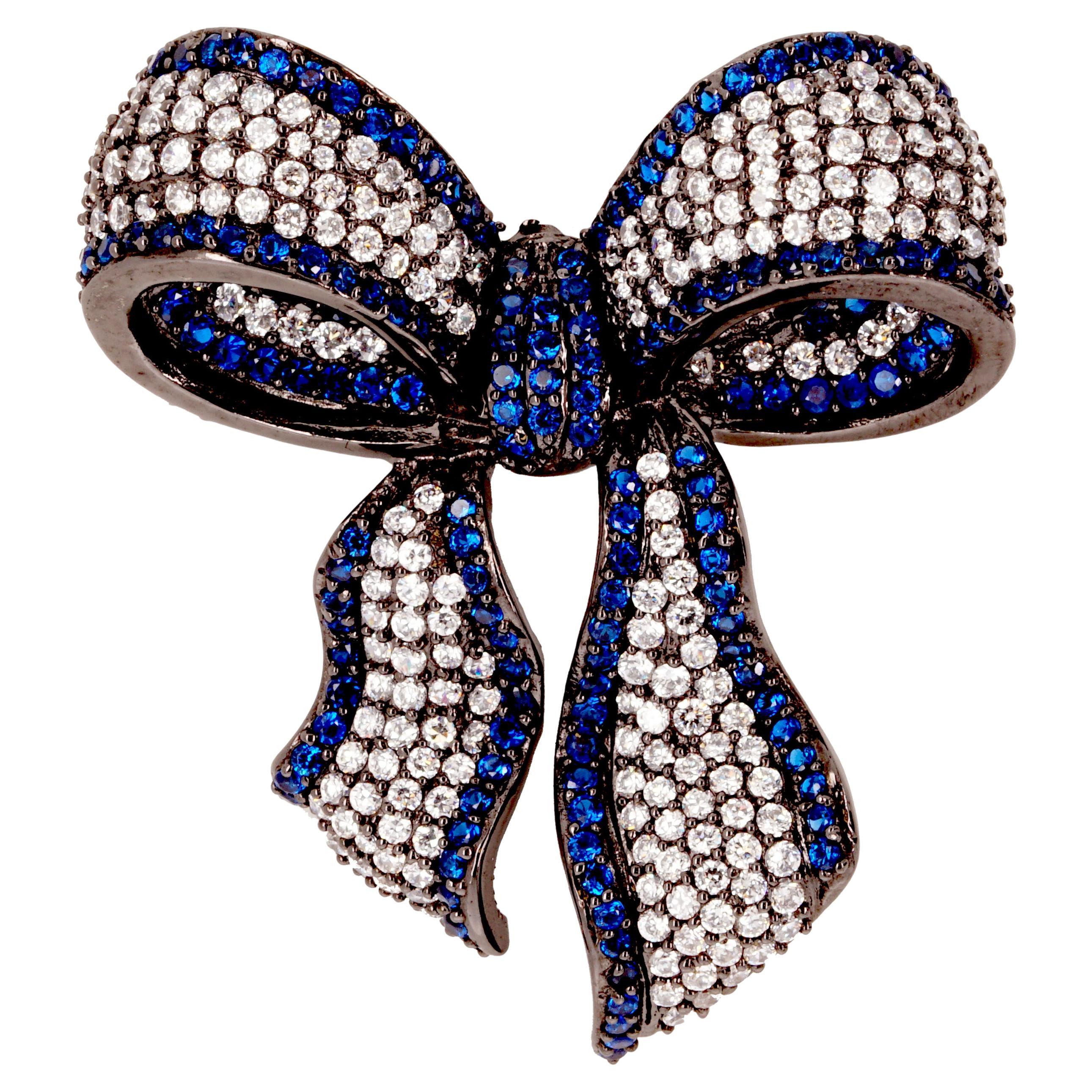 Fei Liu Blue Gem-Set Black Rhodium Plated 925 Silver Ribbon Bow Brooch at 1stDibs | silver bow gems