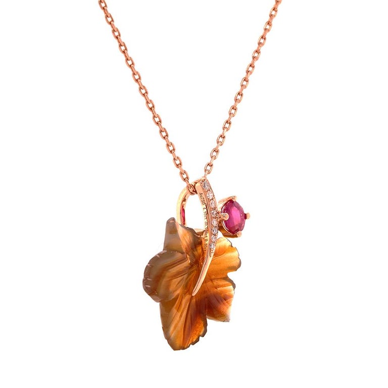 Fei Liu Maple Leaf Carnelian Ruby Diamond 18 Karat Rose Gold Pendant Necklace For Sale at 1stDibs