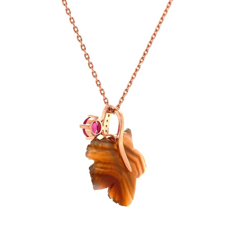 Fei Liu Maple Leaf Carnelian Ruby Diamond 18 Karat Rose Gold Pendant Necklace For Sale at 1stDibs