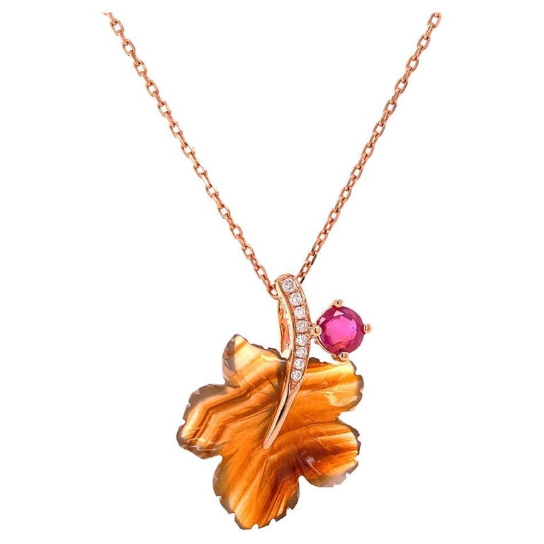 Fei Liu Maple Leaf Carnelian Ruby Diamond 18 Karat Rose Gold Pendant Necklace For Sale at 1stDibs