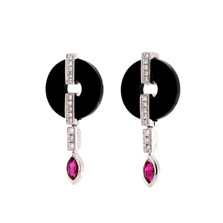 Fei Liu Onyx Ruby Diamond Art Deco 18 Karat White Gold Drop Earrings at ...
