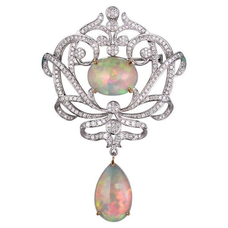Fei Liu Opal Diamond 18 Karat White Gold Filigree Pendant Brooch For ...