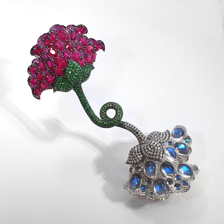 Fei Liu Ruby Moonstone Diamond Tsavorite Poppy Brooch For Sale at 1stDibs