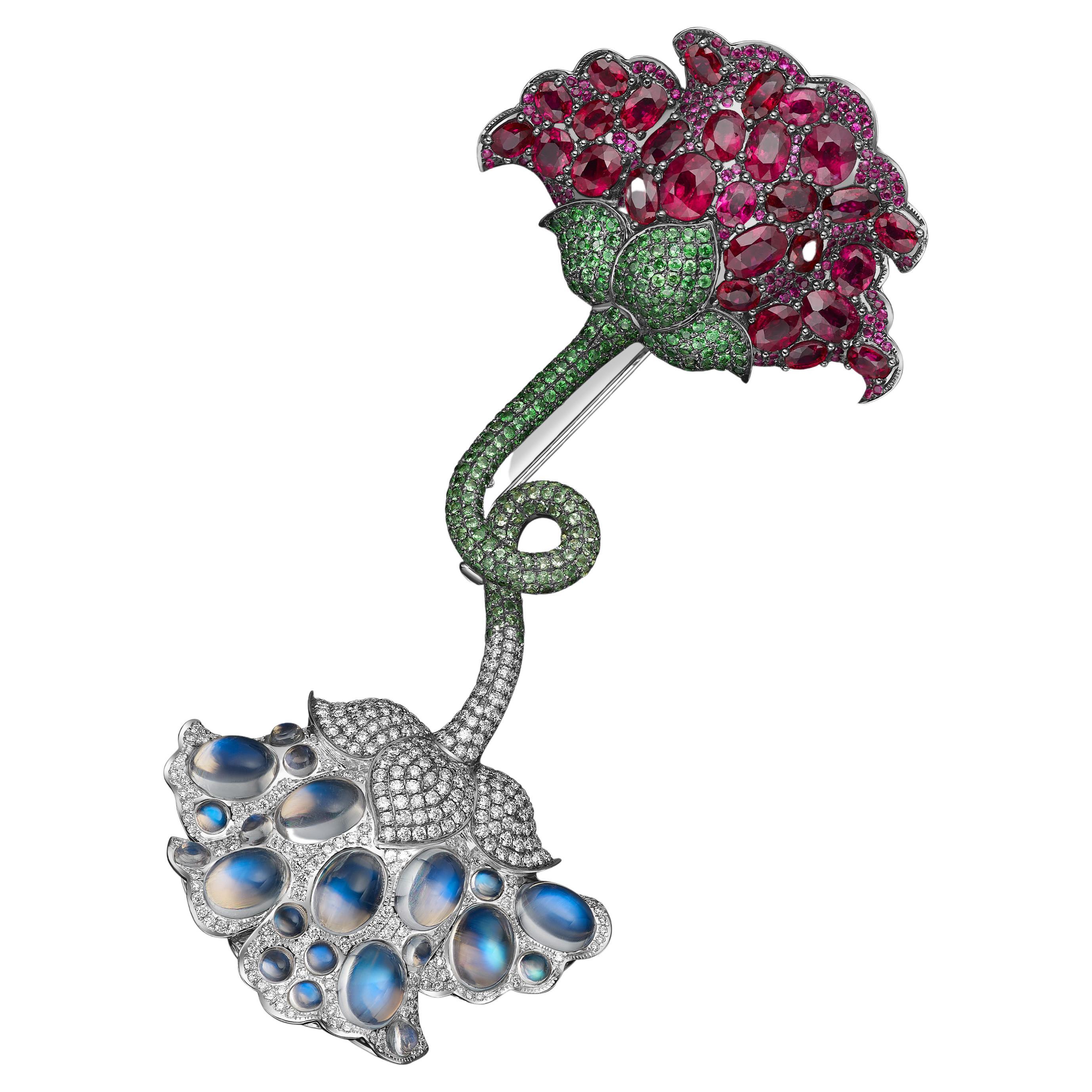 Fei Liu Ruby Moonstone Diamond Tsavorite Poppy Brooch For Sale at 1stDibs