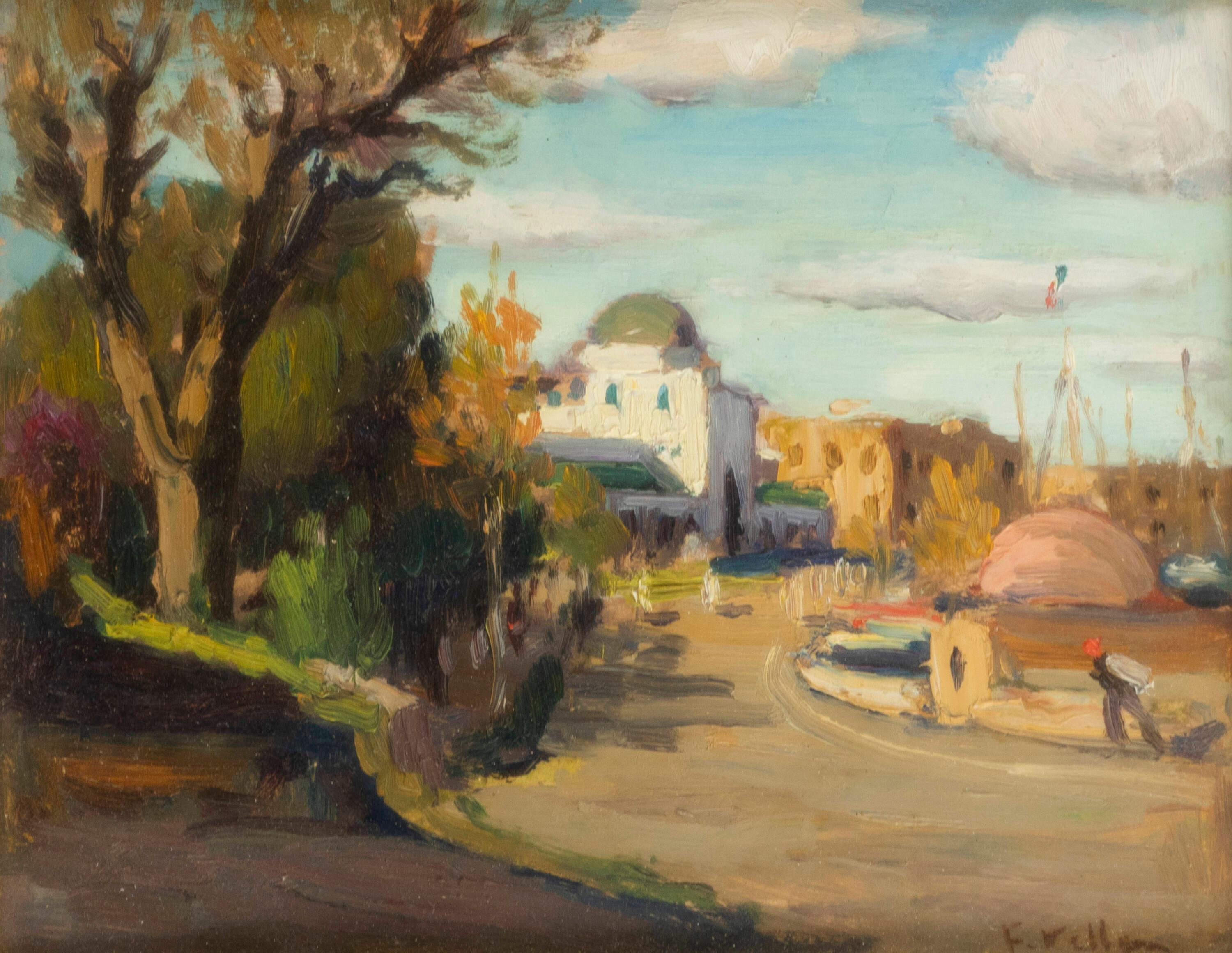 Felice Vellan - Rohdes, view of the City, original oil on cardboard ...
