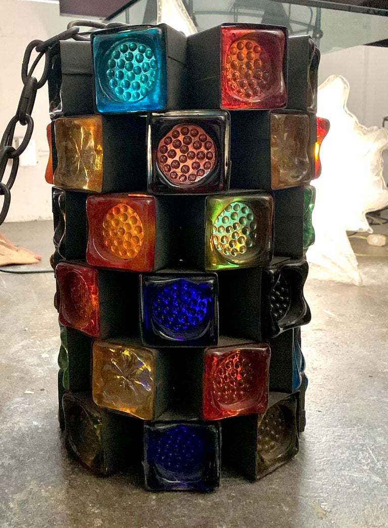 Felipe Delfinger for Feders Brutalist Metal and Stained Glass Pendant ...