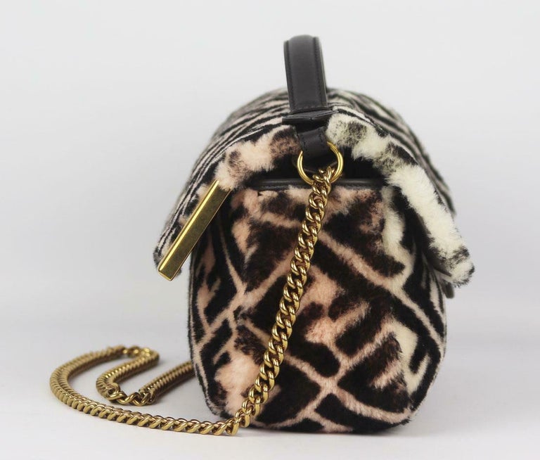 Fendi 1974 Double F Logo Print Shearling Shoulder Bag For Sale at 1stDibs