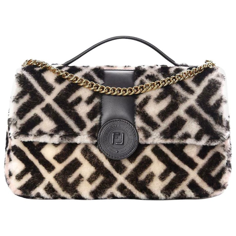 Fendi 1974 Double F Logo Print Shearling Shoulder Bag For Sale at 1stDibs