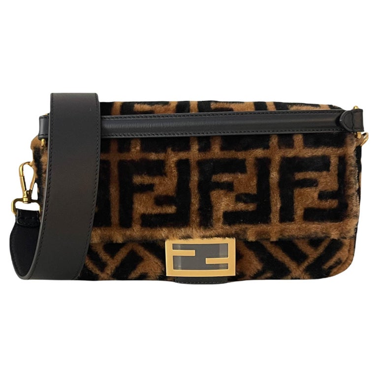 Fendi 2021 LIKE NEW Brown Monogram Sheepskin Fur Baguette NM Bag w/ Two Straps For Sale at 1stDibs