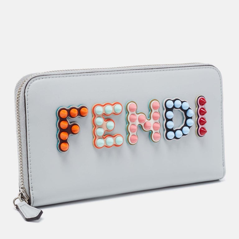 Fendi Ash Grey Leather Studded Zip Around Wallet at 1stDibs