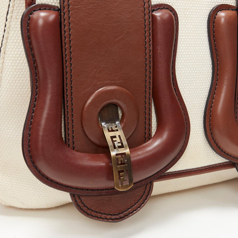 FENDI B Bag beige canvas brown oversized FF monogram buckle shoulder ...