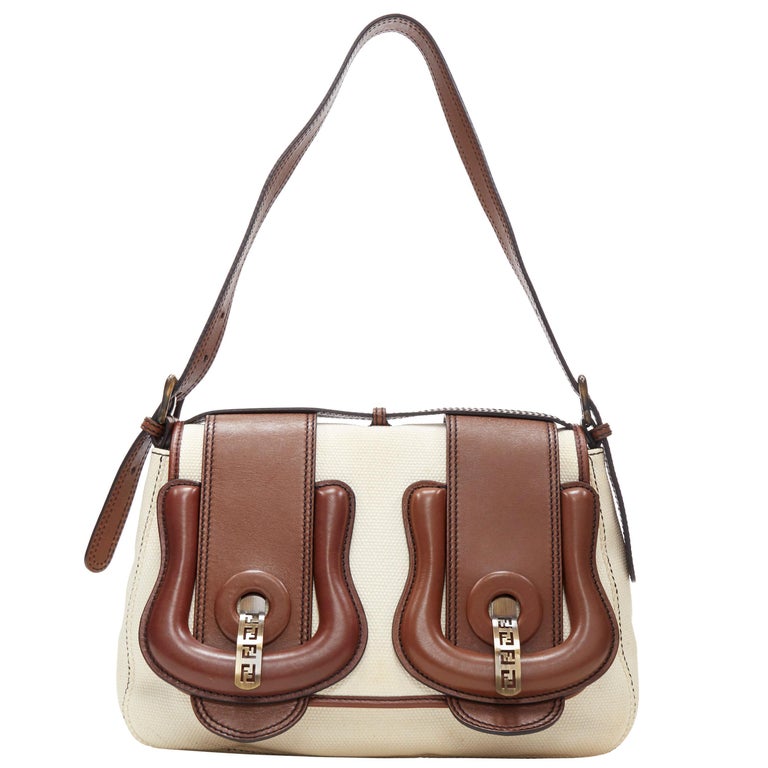 FENDI B Bag beige canvas brown oversized FF monogram buckle shoulder ...