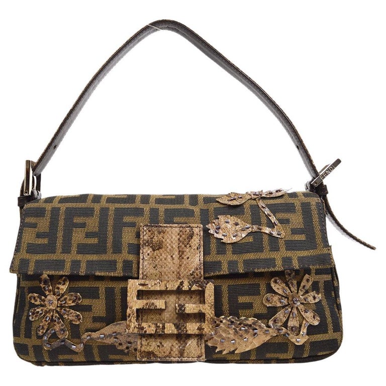 FENDI Baguette Monogram Logo Zucca Brown Black Nude Python Shoulder Bag For Sale at 1stDibs