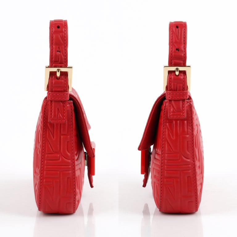 FENDI “Baguette” Red Gold Nappa Leather Quilted Embossed Logo Flap Top ...