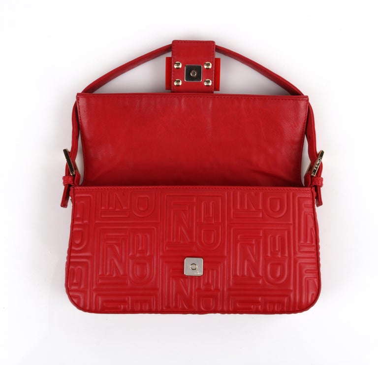 FENDI “Baguette” Red Gold Nappa Leather Quilted Embossed Logo Flap Top ...