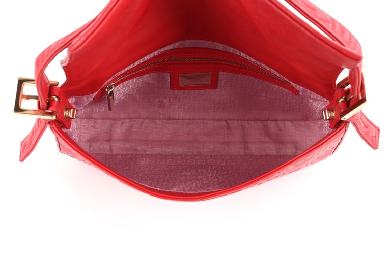 FENDI “Baguette” Red Gold Nappa Leather Quilted Embossed Logo Flap Top ...