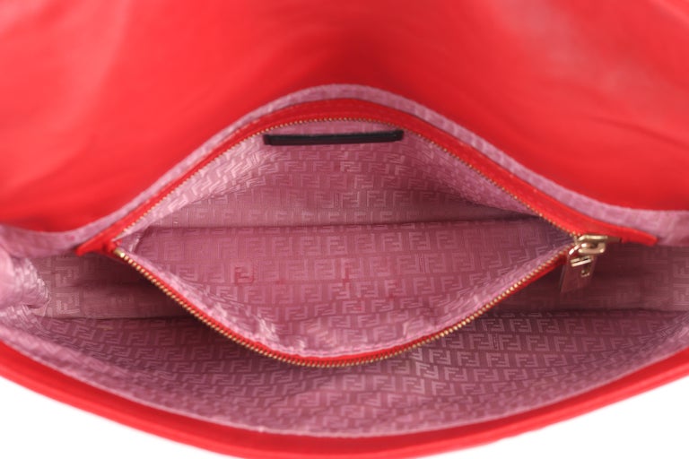 FENDI “Baguette” Red Gold Nappa Leather Quilted Embossed Logo Flap Top ...