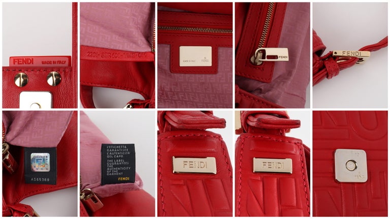 FENDI “Baguette” Red Gold Nappa Leather Quilted Embossed Logo Flap Top ...